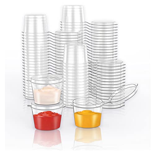 XINGLIAN 100 Pieces Plastic Souffle Cups, 1 OZ Disposable Clear Leak Proof Sauce Cup With Hinged Lid, Used for Various Sauces, Food Samples, Storage Crafts