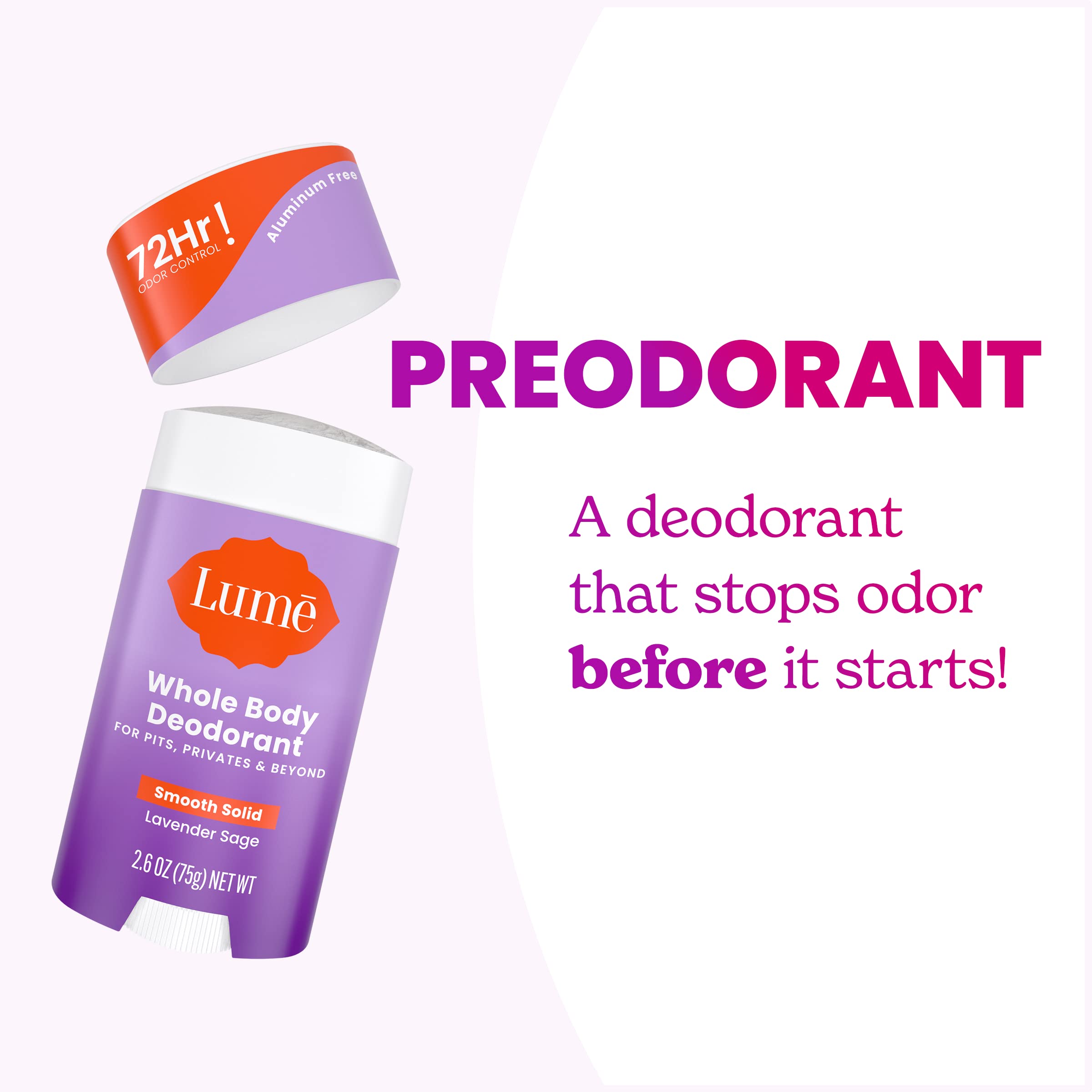 Lume Whole Body Deodorant - Smooth Solid Stick - 72 Hour Odor Control - Aluminum Free, Baking Soda Free and Skin Safe - 2.6 Ounce (Pack of 2) (Lavender Sage)