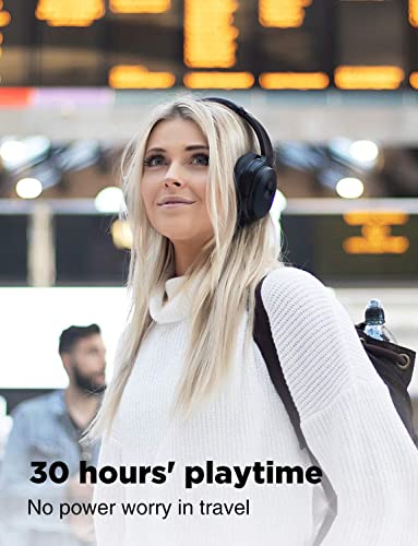 Qisebin Active Noise Cancelling Headphones, SE7 Bluetooth Headphones with Microphone Deep Bass Wireless Headphones Over Ear, Comfortable Protein Earpads, 30 Hours Playtime for Travel/Work, Black