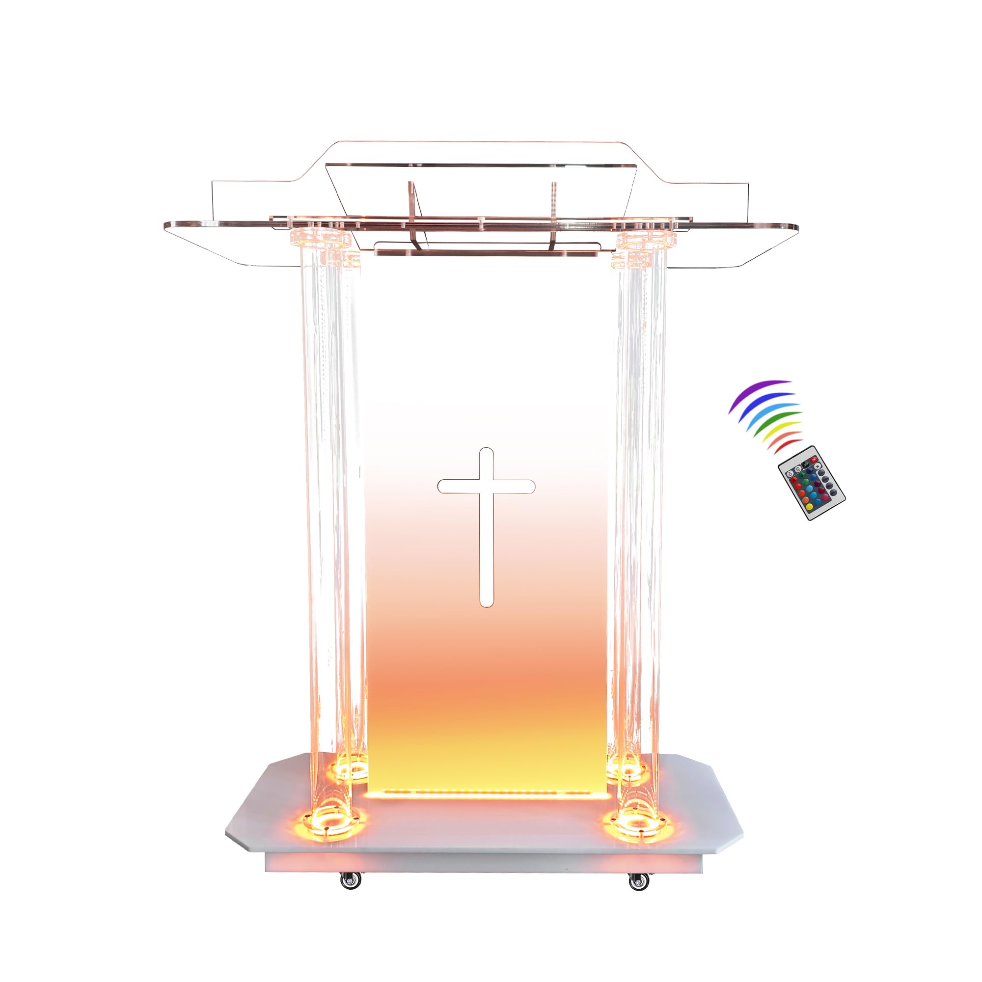 deenkk Cross Acrylic Pulpits for Churches, Clear Church Podium with 16 Colors Led Lights & Wheels, 46â Acrylic Podium with Incline Reading Platform for Church Wedding Concert Speech Classroom
