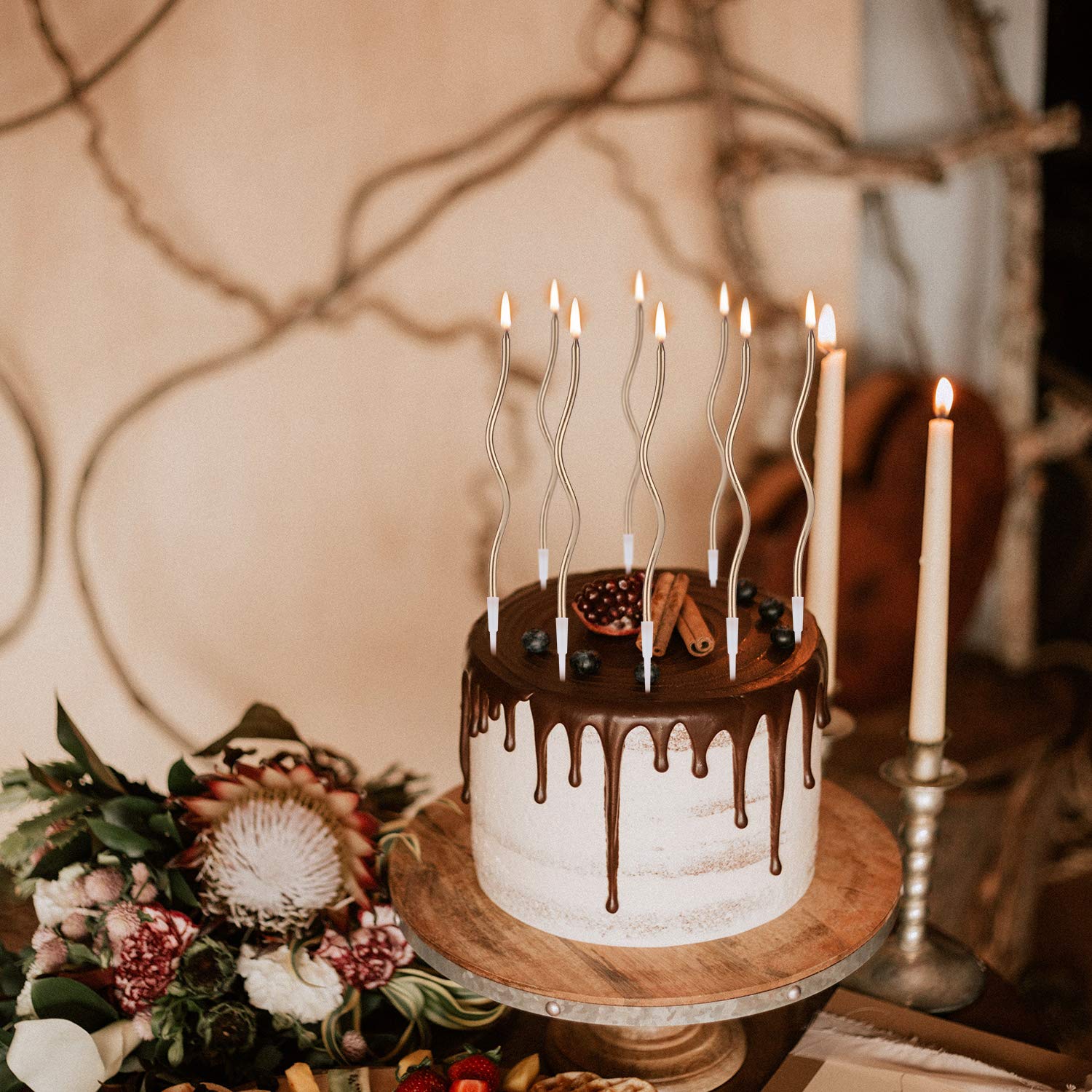 LUTER 24pcs Metallic Birthday Candles in Holders Spiral Birthday Cake Candles Long Thin Cupcake Candles for Birthday Wedding Party Decoration (Champagne)