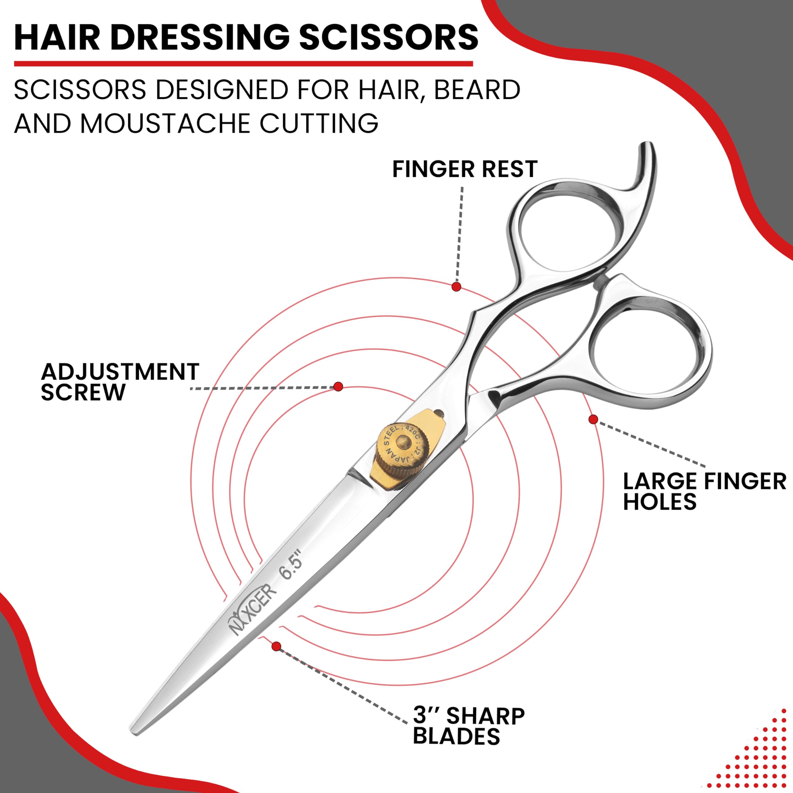 Nixcer Hair Cutting Scissors -Sharp Razor Edge Blade Hair Shears Series - 6.5" With Fine Adjustment – Stainless Steel Hair Scissors Professional For Men, Women & Babies (Silver)