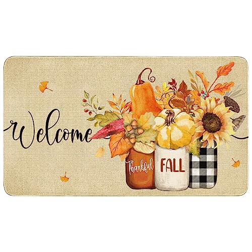Xsinufn Fall Door Mat Outside,Pumpkin Leaf Sunflowers Welcome Mat for Front Door,Thanksgiving Autumn Indoor Outdoor Non-Slip Rugs,Fall Doormat for Farmhouse Home Porch Decorations 30" x 17"