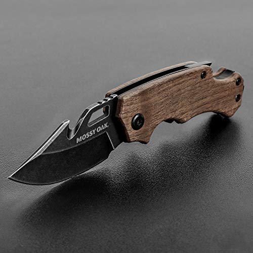 Mossy Oak Mini Folding Pocket Knife, Stainless Steel Drop Point Blade - EDC Multi-tool with Bottle Opener and Glass Breaker(Wood)