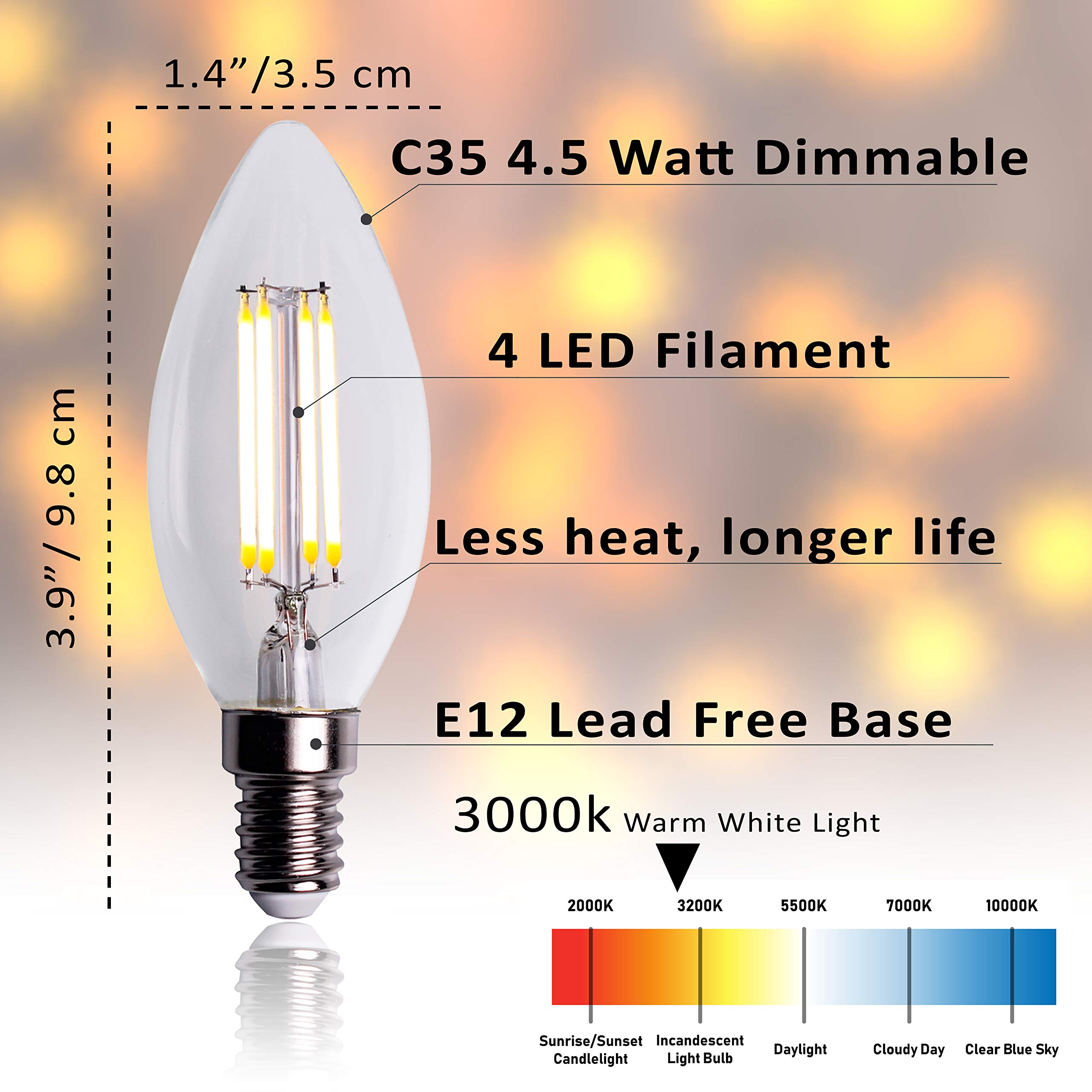 Dimmable B11 E12 LED Candelabra Base Bulbs – 4 Filament Vintage Style - 4.5 Watt Equivalent 40W Incandescent Bulb - Warm White 3000K - Chandelier led Night Bulbs – Clear - Pack of 12