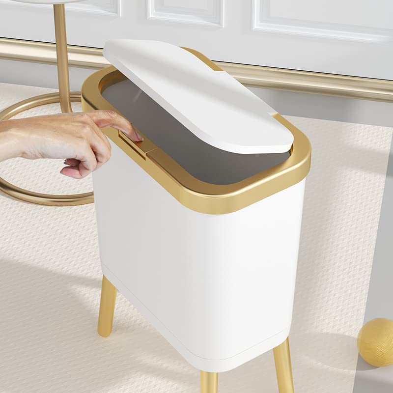 Huaqinglian 4Gallon Bathroom Trash Can with Lid, Small Kitchen Garbage Can,Slim Bedroom Trash bin Wastebasket Plastic for Office/Toilet/Living Room(White with Gold Edge)