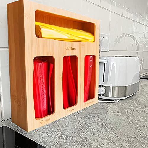 Ziplock Bag Storage Organizer, Premium Bamboo Kitchen Food Baggie Dispenser Box for Drawer, Compatible with Most Brands Gallon Bag, Quart Bag, Sandwich Bag, Snack Bag(1Box 4 Slots)