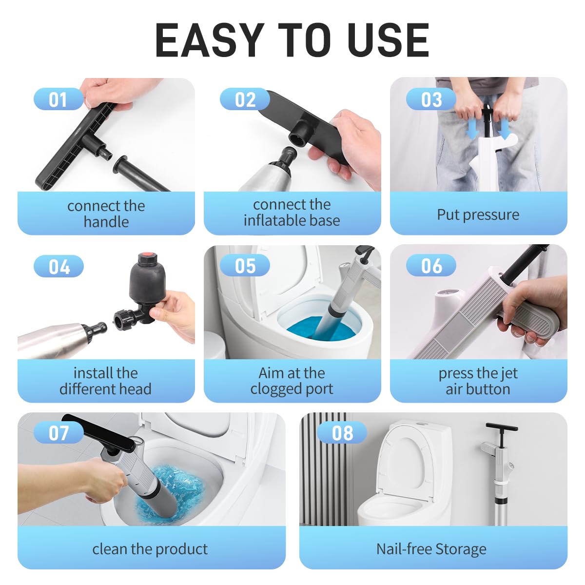 High Pressure Toilet Plunger, Drain Clog Remover Toilet Unclogger Stainless Steel Air Drain Plunger for Bathroom, Kitchen, Sink, Floor Drain,Grey