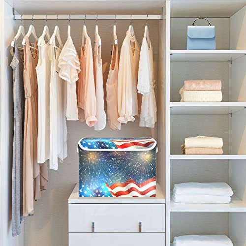 innewgogo Patriotic Usa Flag Storage Bins with Lids for Organizing Storage Bin with Handles Oxford Cloth Storage Cube Box for Bed Room