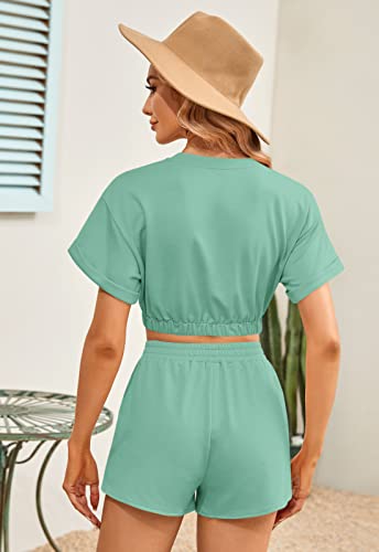 DOBULO Women's Workout Sets 2 Piece Gym Outfits Crop Tops High Waist Running Shorts Yoga Activewear