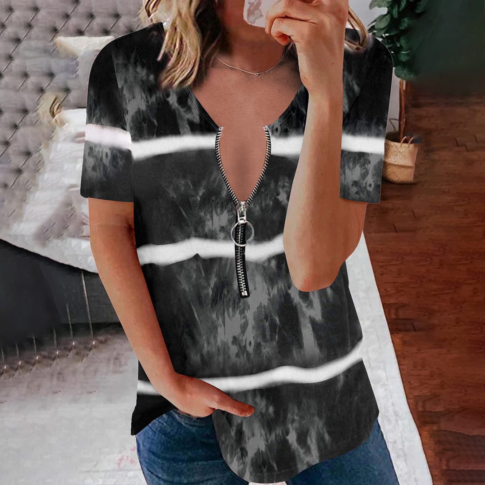 Fupinoded Shirts for Women Dressy Casual Women's Long Sleeve Lapel Half Zip Up Sweatshirt Solid Stylish Loose Fit Casual Pullover Tops A3 Black