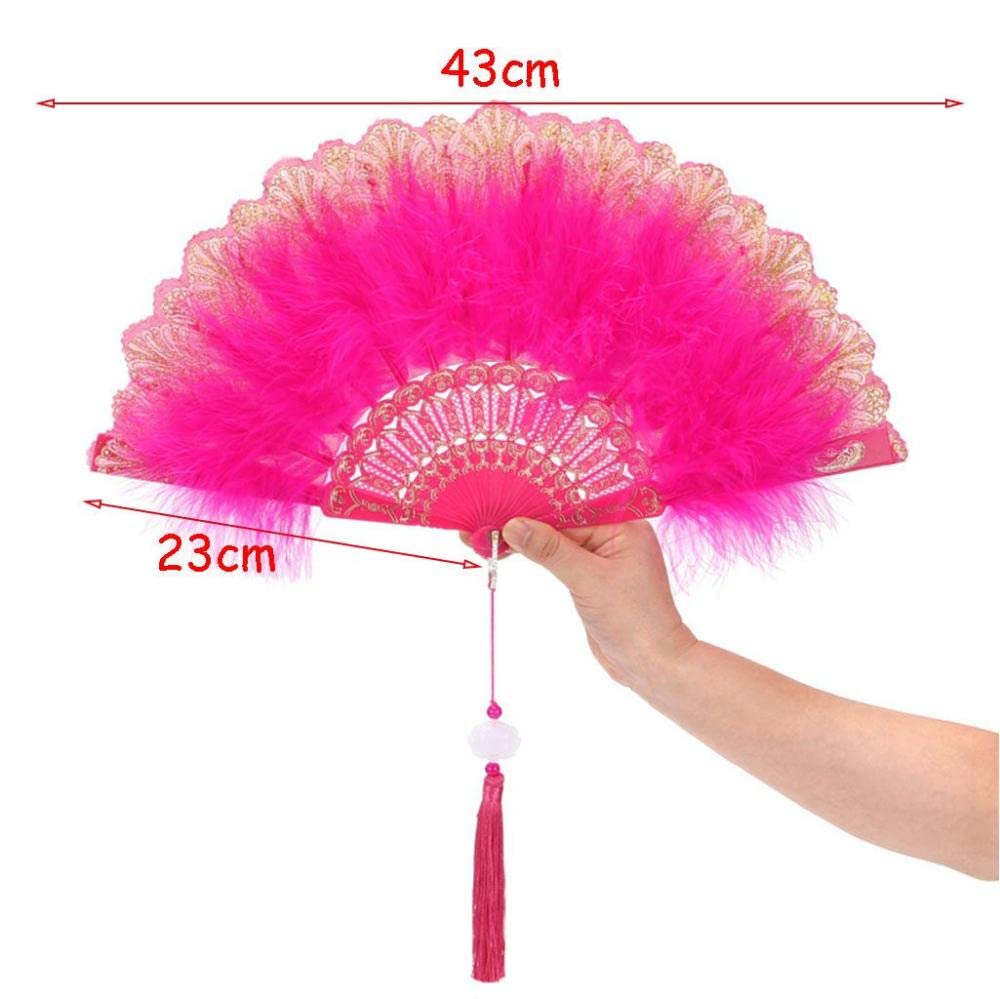 Feather Folding Fan Fashion Dance Hand Fan for Party Show Cosplay Props Photo Props Handmade with Pendant Wedding Gift(red)
