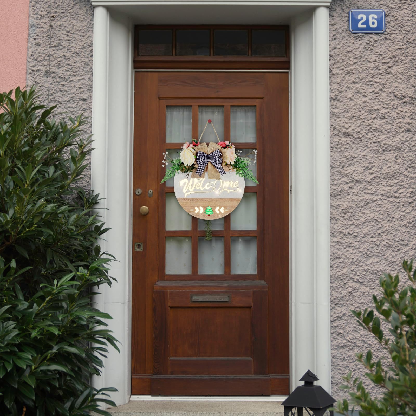 Interchangeable Welcome Sign with Automatic Induction Light, Welcome Sign for Front Door, Welcome Door Sign with 8 Interchangeable Seasonal Icons, Welcome Sign Wall Hanging Farmhouse(Wood Grain)