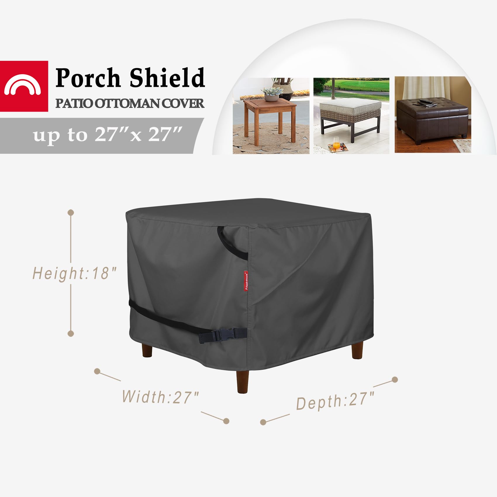 Porch Shield Patio Ottoman Cover - Waterproof Outdoor Square Side Table Covers β 27L x 27W x 18H inch, Black