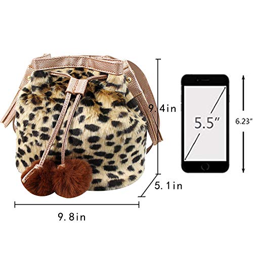 Van Caro Women’s Faux Fur Drawstring Bucket Bag Shoulder Crossbody Bag, Leopard Brown