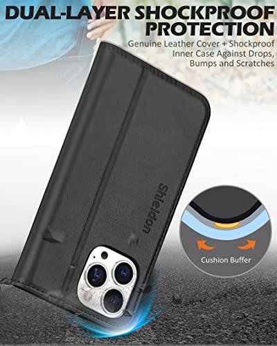 SHIELDON Case for iPhone 14 Pro Max 5G 6.7", Genuine Leather iPhone 14 Pro Max Wallet Case Flip Cover RFID Blocking Card Slots Magnetic Closure Case Compatible with iPhone 14 Pro Max 2022 - Black
