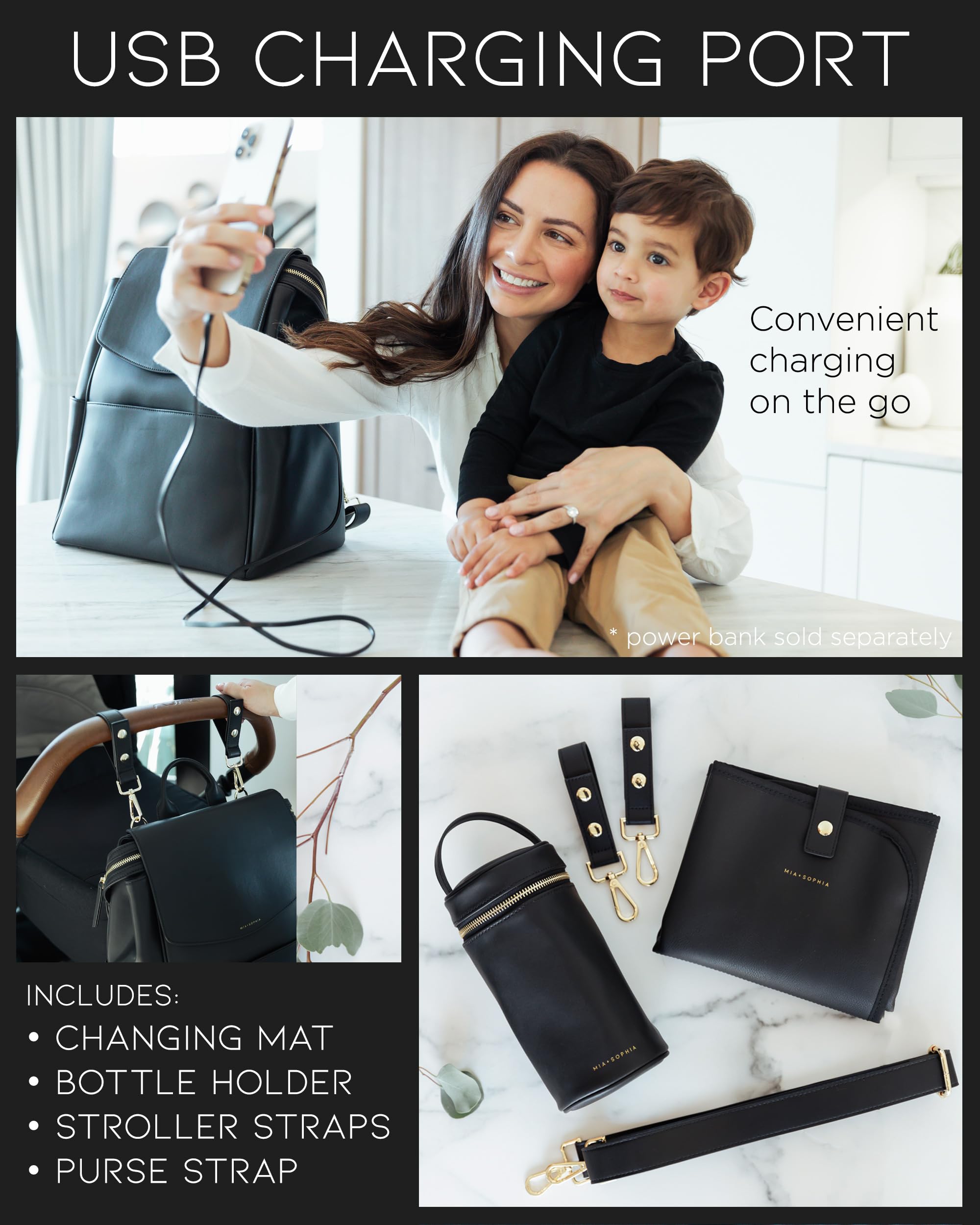MIA + SOPHIA Leather Diaper Bag Backpack with Changing Pad, Stroller Straps, Bottle Holder (Black Olivia)