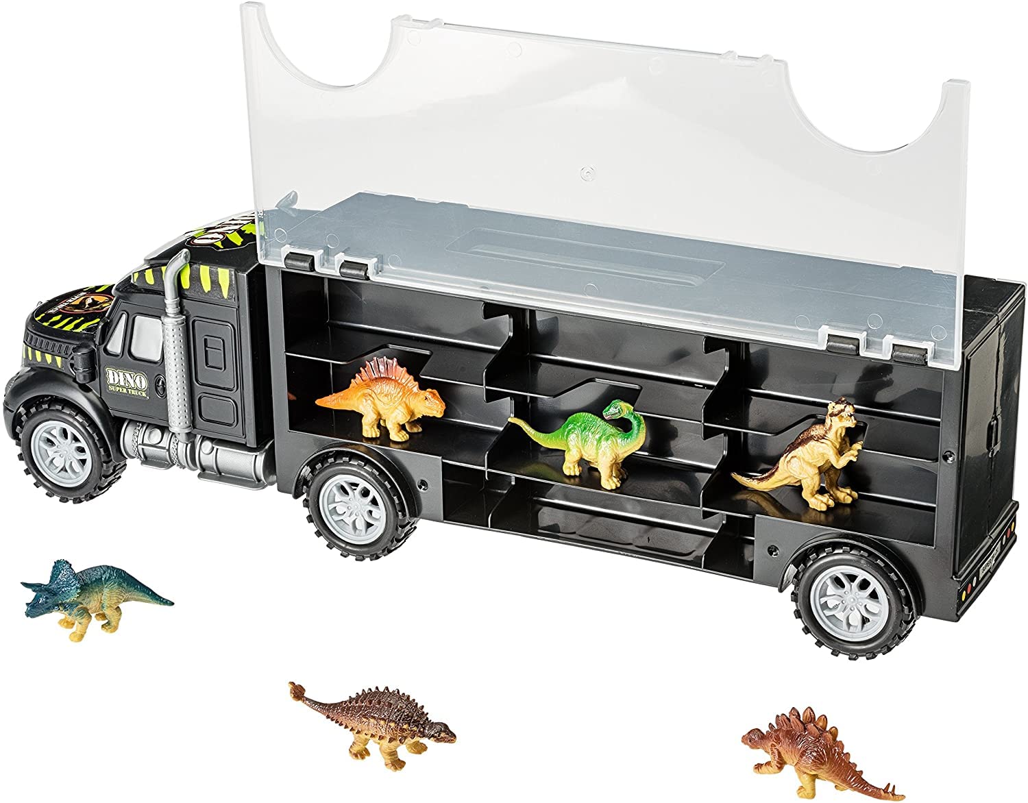 PREXTEX 16" Dinosaur Truck Carrier Playset with 6 Mini Plastic Dinosaurs, Dinosaur Toy Trucks for Toddler Boys 3 to 5 Years Old