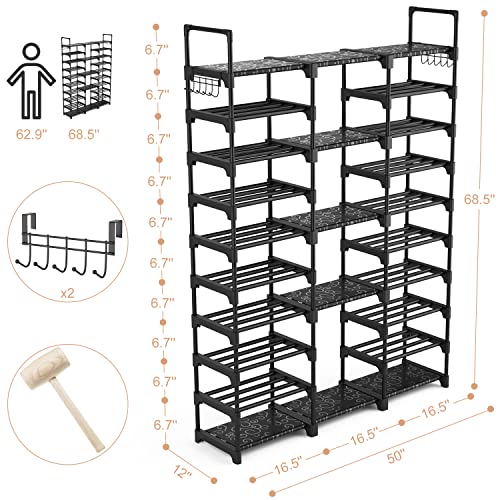 VTRIN Upgrade Shoe Rack Shoe Organizer for Entryway 10 Tiers Holds 54-62 Pairs Shoe and Boots Shelf Organizer Storage Organizer for Closet Durable Metal with Versatile Hooks for Bedroom Garage