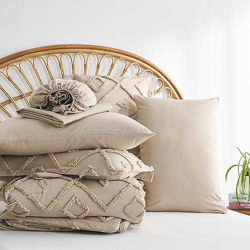 inron Khaki Queen Comforter Set Tufted Bed in a Bag Queen 7 Pieces,Geometry Shabby Chic Boho Comforter and Sheet Set.Jacquard Farmhouse Bedding for All Season(Khaki,90β*90β)