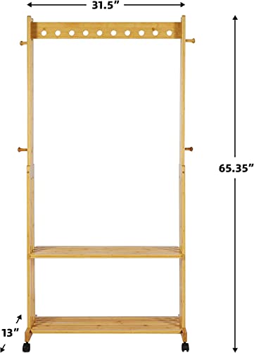 INTOBOO Bamboo Garment Rack, Clothes Hanging Rack with 2 Tier Storage Shelves, Heavy Duty Clothing Rack & Storage Organizer, Movable & Easy to Assemble
