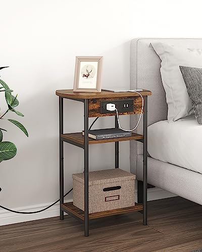 Hzuaneri End Table with Charging Station, 3 Tier Storage Bed Side Table with USB Port & Outlet, Couch Table, Nightstand for Living Room, Bedroom, Narrow Side Table, Rustic Brown and Black ET05201B
