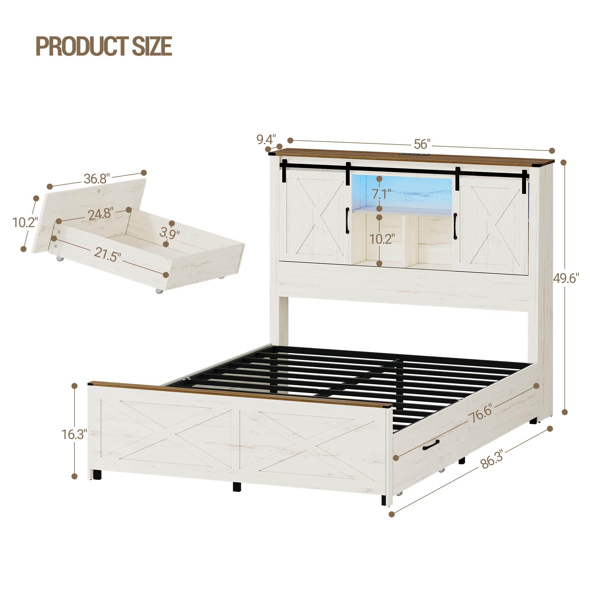 HILINSIE Full Size Bed Base Frame with Storage Bookcase Headboard, Sliding Barn Door, Heavy Duty Metal Platform Bed Frame Base with 2 Drawers, LED Lights and USB Charging Station, No Box Spring Needed