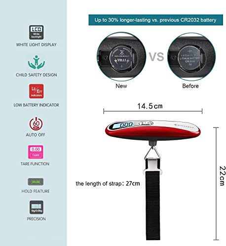 MYCARBON Luggage Scale Digital Hanging Baggage Scale, Portable Travel Weight Scale, Suitcase Weighing Scale with Backlit LCD Display, 110 Lb Capacity, Battery Included Red