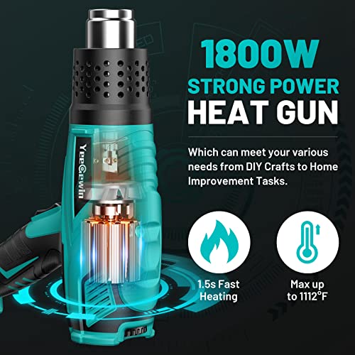 Yeegewin 1800W Heat Gun 122℉~1112℉(50℃- 600℃)Hot Air Gun Kit Variable Temperature Settings Heavy Duty Fast Heating & Overload Protection, with 4 Nozzels for Shrink Wrap,Vinyl, Crafts, Epoxy Resin