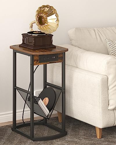 Hzuaneri Side Table with Charging Station, End Table with V-Mesh Magazine Holder, Industrial Record Player Stand with CD Album Storage Shelf, Rustic Brown and Black ET05401B