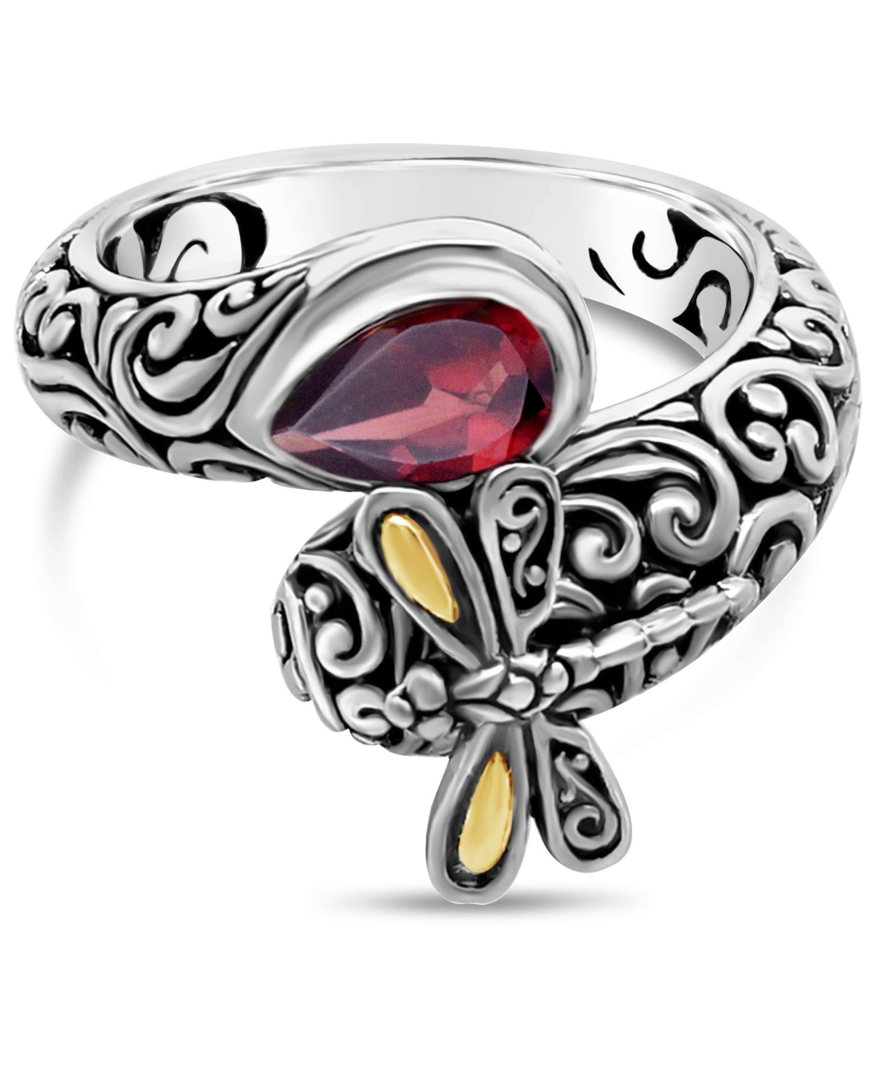 DEVATA Sterling Silver 925 and 18K Gold with Blue Topaz Sweet Dragonfly Bali Filigree Bypass Ring SFM8537ABT (Size 07)