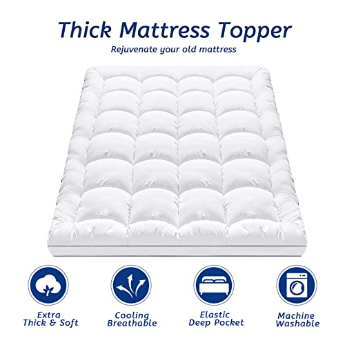 Queen Size Mattress Topper for Back Pain, Cooling Extra Thick Mattress Pad Cover with 8-21 inch Deep Pocket, Plush Pillow Top Mattress Topper Overfilled with Down Alternative, Queen Size, White