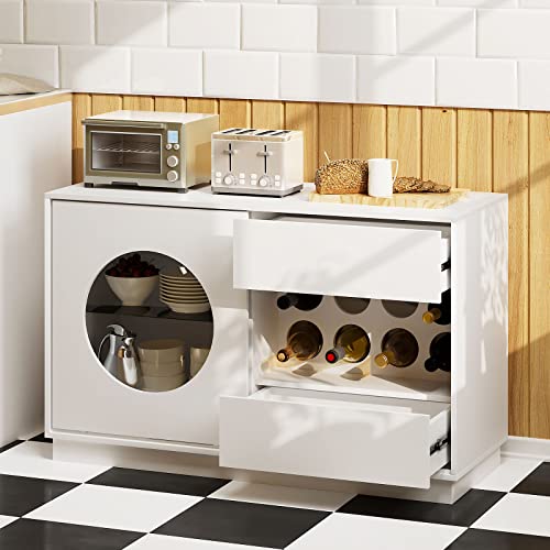 Waktavel Wine Bar Cabinet for Alcohol and Glasses, Buffet Cabinet with Storage,Alcohol Cabinet Small Liquor Cabinet Drawers, Sideboard Buffet Pantry Cabinet for Dining Room, White