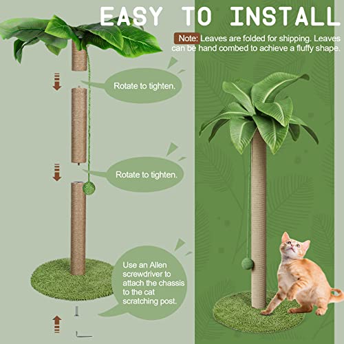 Kphico Cat Scratching Post for Indoor Cats,33.5" Tall Large Cat Scratching Post with Natural Sisal Rope,Kitten Scratcher with Simulated Leaves & Hanging Ball,Send 1 Cat Teasing Stick and 2 Catnip