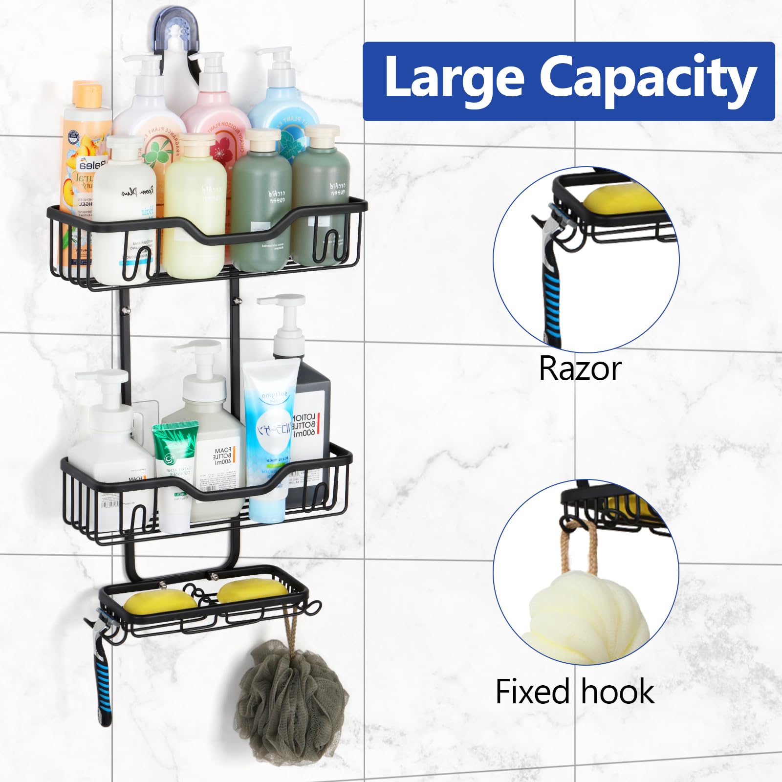 HEOMU Bathroom Hanging Shower Caddy, Shower Organizer Shelves with 4 Hooks, Rustproof & Waterproof Shower Storage Rack for Shampoo, Conditioner, Soap, Bath Sponge, Silver