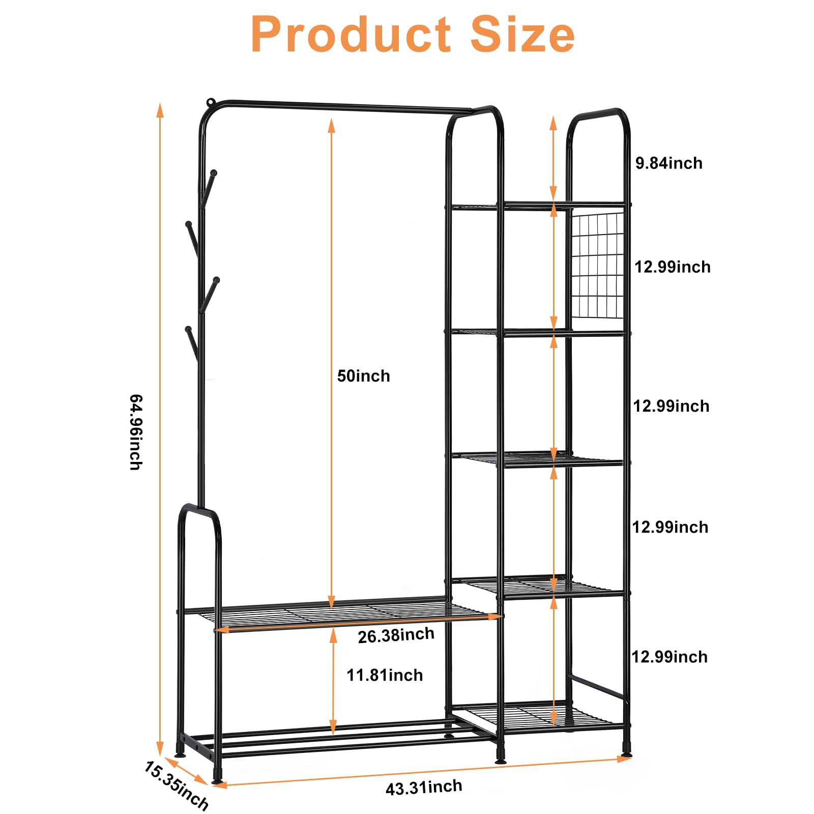 HEOMU Garment Rack with Shelves, Freestanding Clothes Rack, Portable Clothing Racks for Hanging Clothes, Coats, Shirts, Black