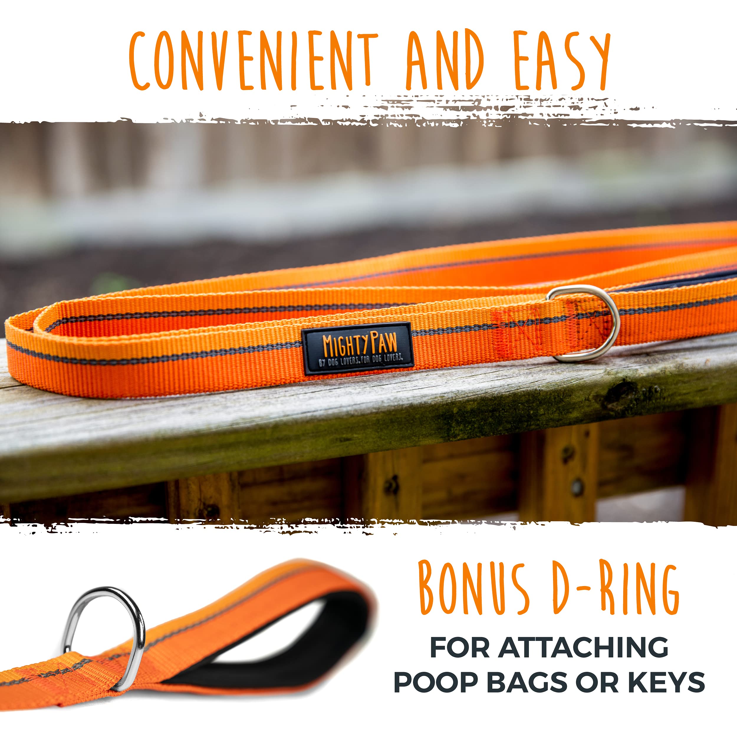 Mighty Paw Dog Leash - Soft Padded Handle - D-Ring and Pet Leash Clip - Carabiner Clip - Weatherproof with Reflective Stitching - 6 Foot Long Dog Leash for All Dog Breeds - Dog Walking Leash (Orange)