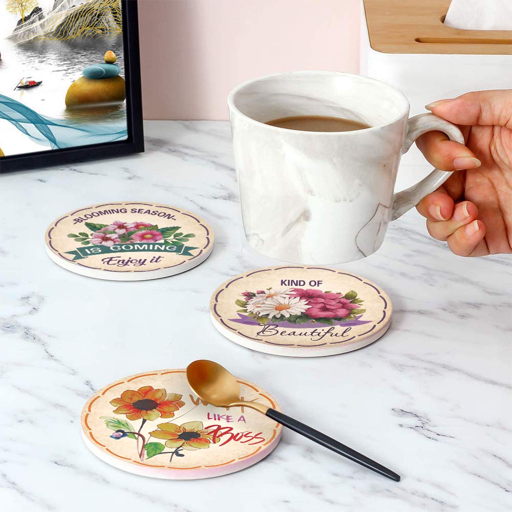 Coaster for Drinks 6Pcs Animal Ceramic Absorbent Drink Coasters with Holder, 4 Inch Vibrant Flora Stone Coaster with Cork Base for Home, Office, Restaurant-Coffee Table, Desk, Kitchen Decor (Flo-03)