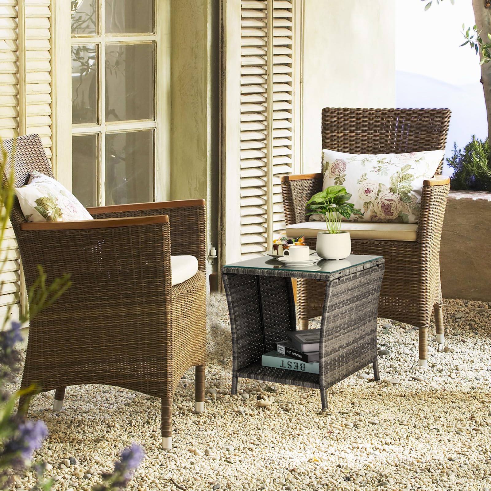 HEPMIMZHU Outdoor Patio Wicker Side Table, Square End Table Bistro Coffee Table with Glass Top Storage Shelf for Porch Garden Backyard Rattan End Table Furniture with Storage (Light Grey)