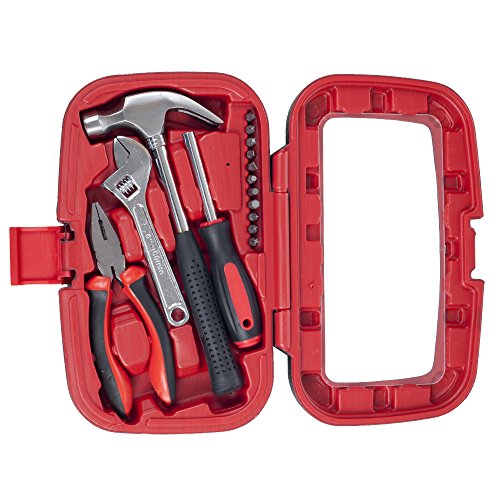 Home Improvement Tool Kit - 15-Piece Household Hand Tools Essentials Set in Durable Plastic Carrying Case for Home, Office, and Car by Stalwart (Red)