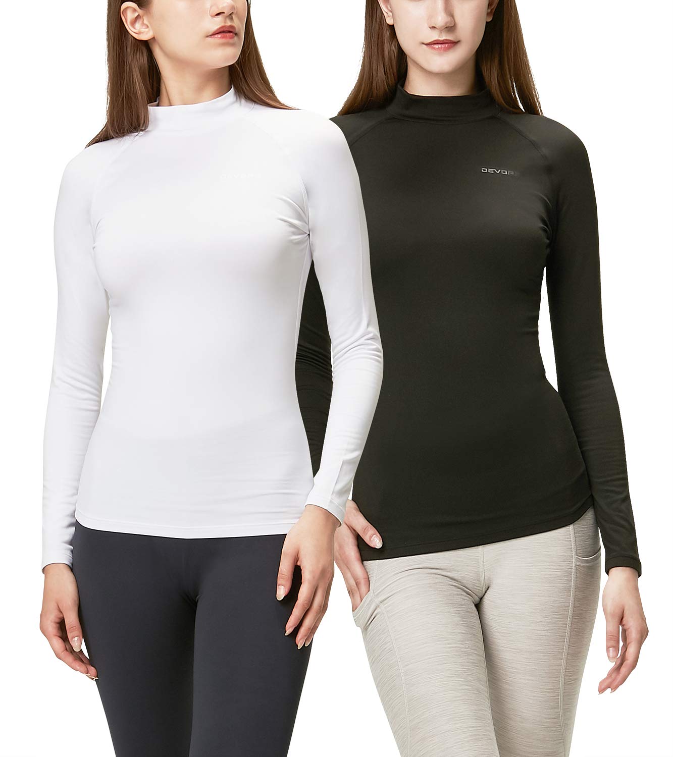 DEVOPS Women's 2 Pack Thermal Turtle Long Sleeve Shirts Compression Baselayer Tops (Small, Black/White)