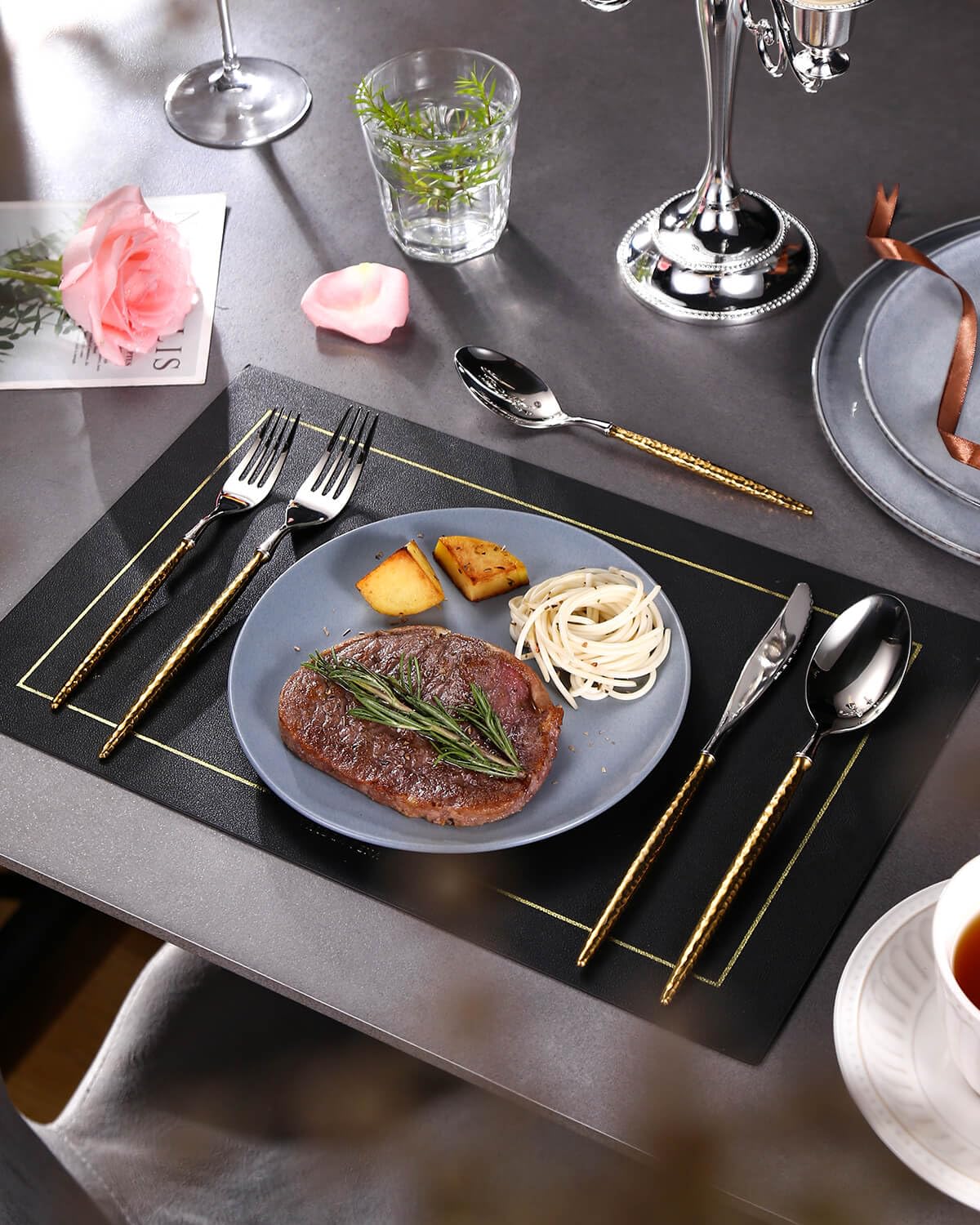 Lemeya 20-Piece Hammered Silver Gold Silverware Set,18/10 Stainless Steel Forging Heavy Duty Cutlery Set for 4, Luxury Unique Flatware Set,Spoons and Forks Set,Mirror Polished,Dishwasher Safe