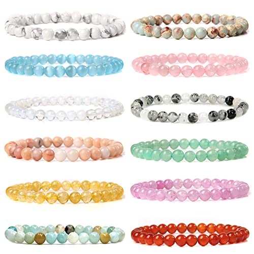 Svovin 12Pcs Gemstone 6mm Semi Precious Round Beaded Bracelet Set For Women Men Healing Crystal Stretch Energy Stone Bead Bracelets Jewelry