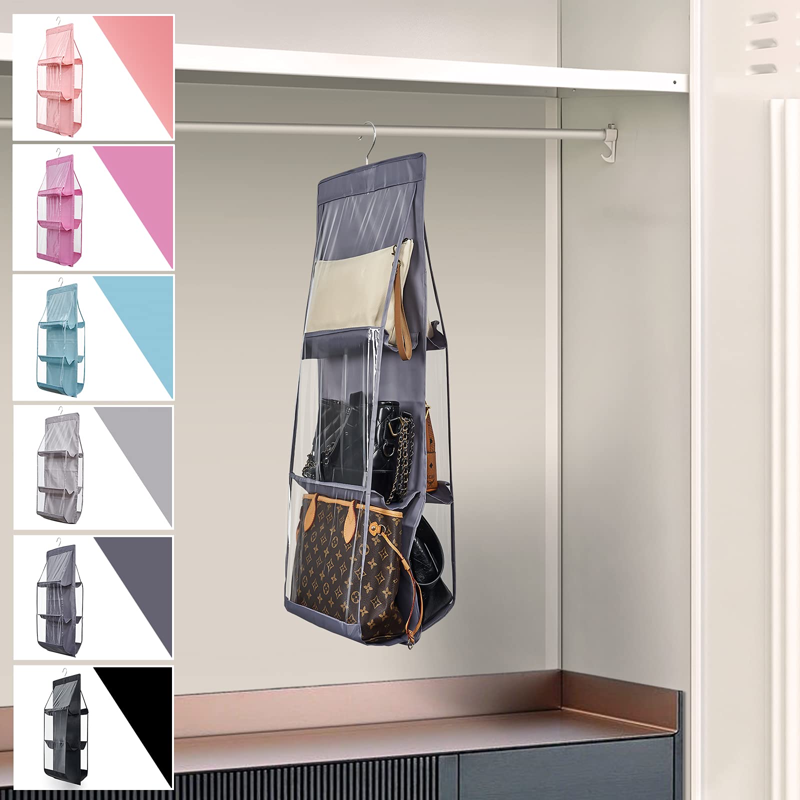 Vercord Hanging Purse Organinzer Handbag Tote Hanger Closet Dustproof Storage Bag with Six Pockets Grey
