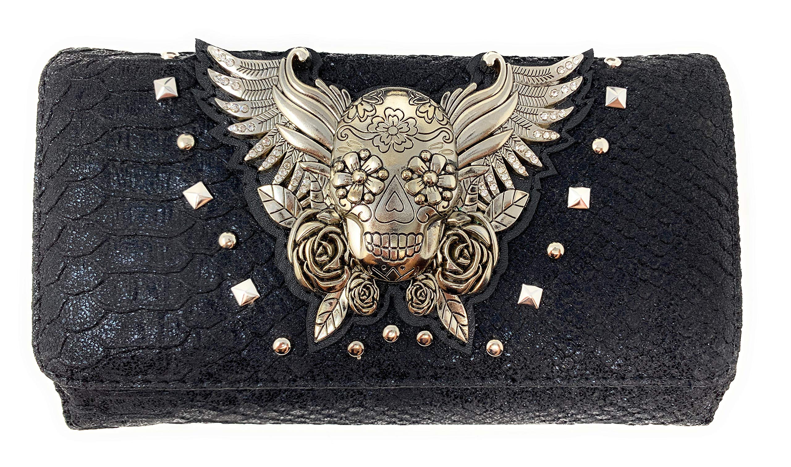 Texas West Women's Skull Chain Concealed Carry Handbag Purse Shoulder Bag/Crossbody Bag/Walllet (Black Set)