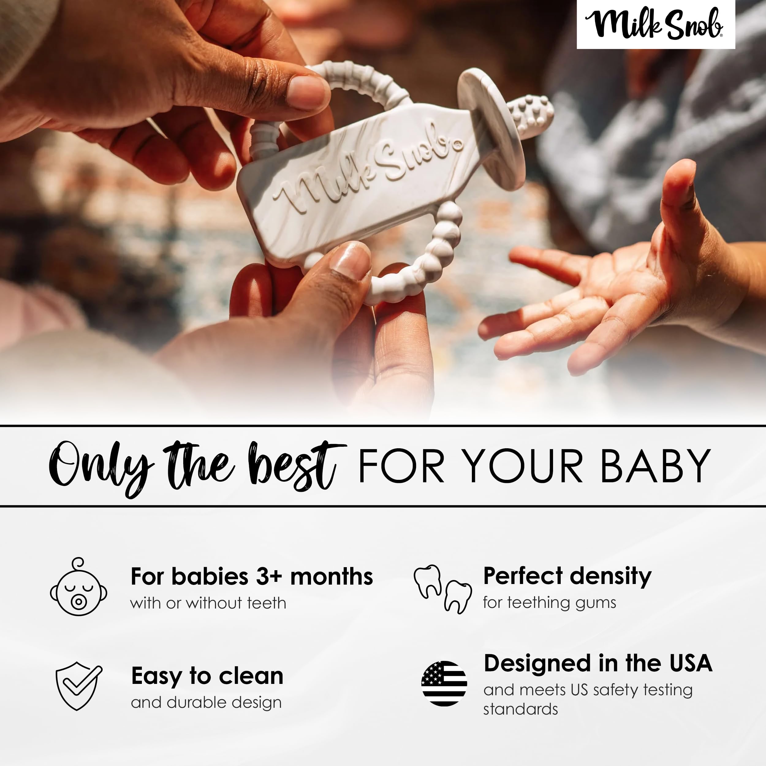 Milk Snob Calm 'n Cuddle Baby Teether - Car Seat Teether - Food-Grade Silicone - Baby Shower Teething Toy, Baby Essentials for 3+ Months - Easy to Clean - Designed in The USA (Cookies & Cream)