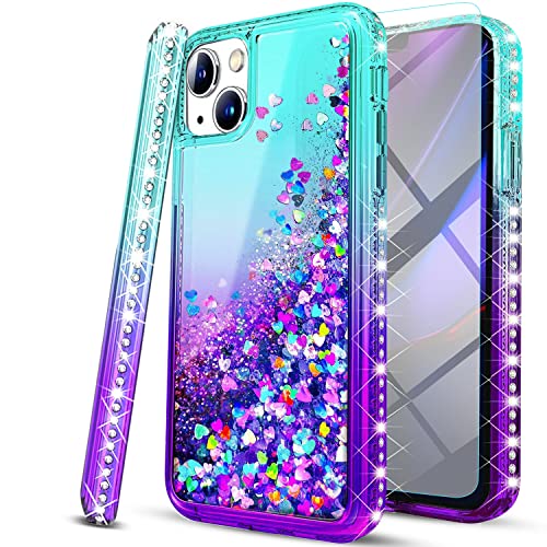 iPhone 13 Mini Case, [with Tempered Glass Screen Protector Included], STARSHOP Liquid Bling Sparkle Floating Glitter Quicksand Phone Case Girls Women Cute for iPhone 13 Mini - Teal/Purple