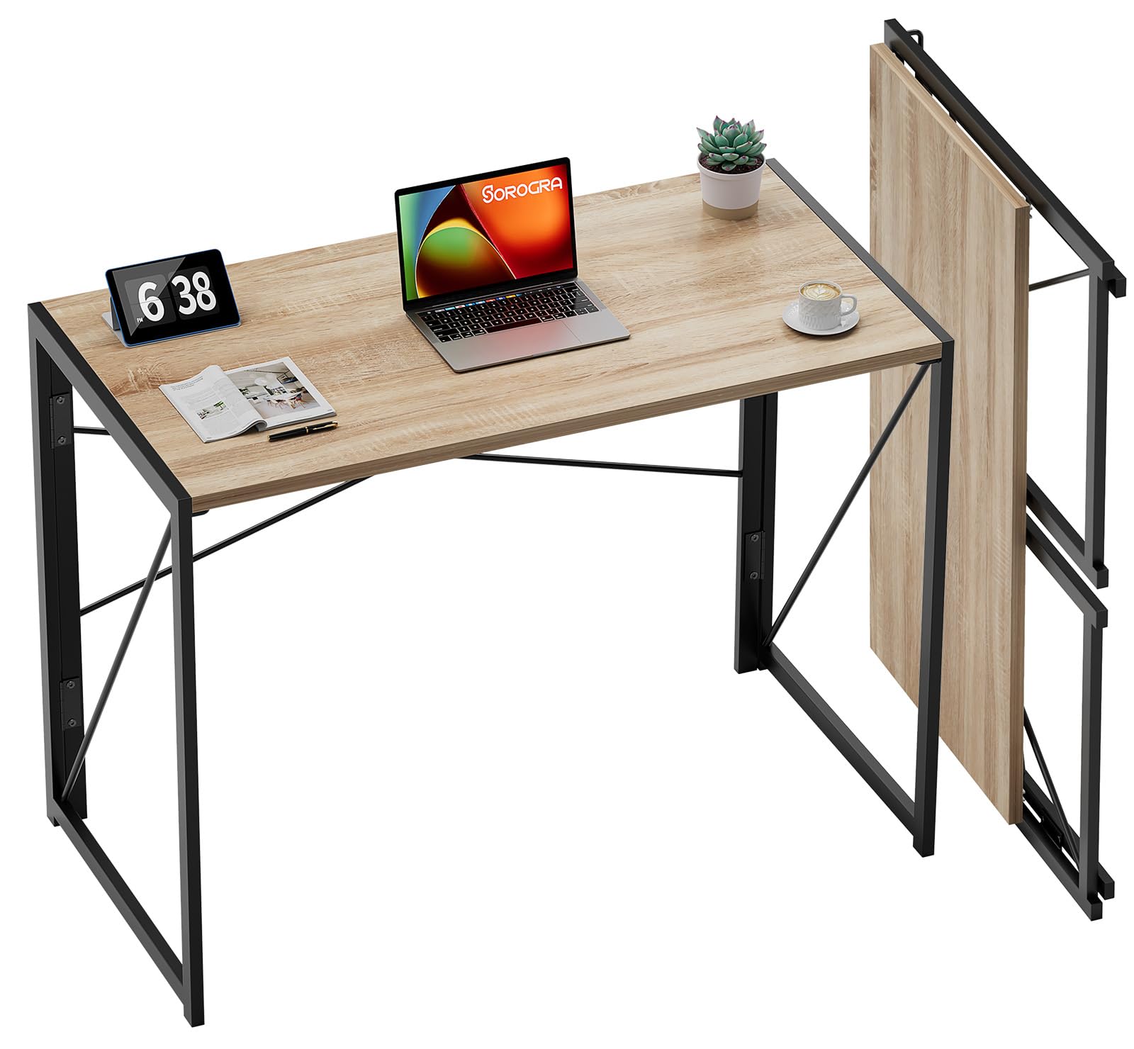 Coavas Computer Desk Writing Study Desk Folding Laptop Table for Home Office Modern Simple Workstation Brown Desktop Black Frame