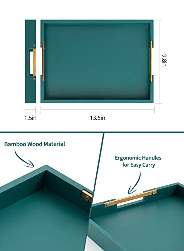 Kanwone Decorative Tray , 13.6"x9.8" Serving Tray, Rectangle Ottoman Tray with Gold Polished Metal Handles, Coffee Table Trays for Living Room Kitchen and Home Decor, Green