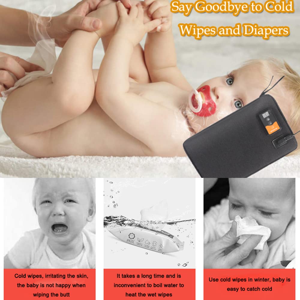 ERIQKCA Portable Car Wipes Heater Warmer, Multifunctional Baby Wet Wipes Warmer with Digital Display Screen, Home Car Dual-use Thermostat Heating Bag for Travel/Camping/Working (Black)